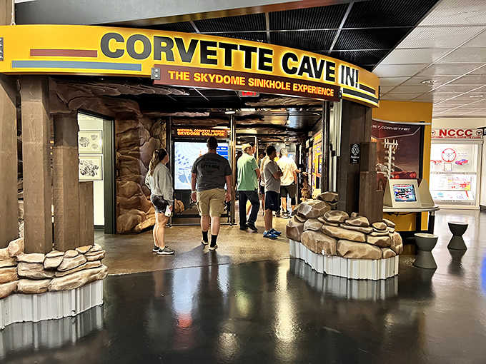 Walking through this cave entrance feels like entering Carlsbad Caverns, except the stalactites are made of fiberglass and horsepower.
