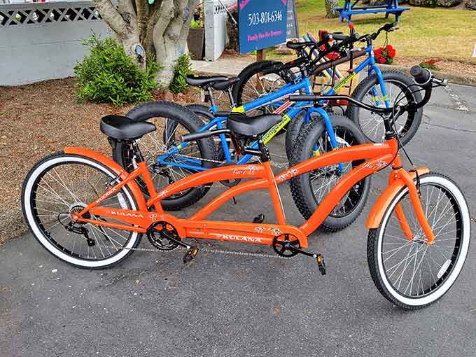 Beach cruisers and tandem bikes await their next adventure, because sometimes the best transportation has two wheels and zero stress.