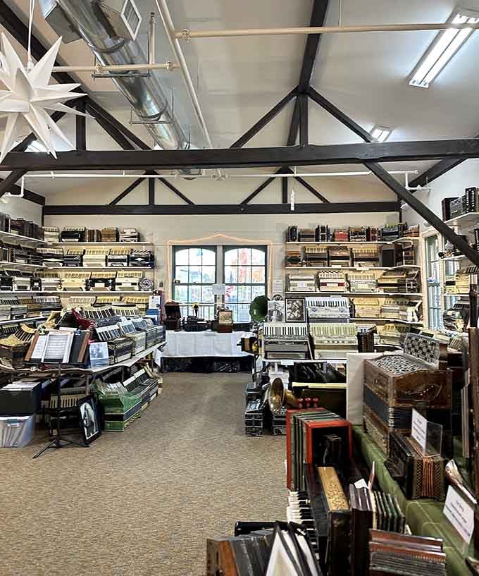 The exposed beams and natural light create an unexpectedly elegant backdrop for this remarkable collection of musical instruments and history.