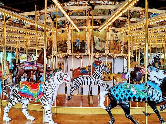 Hand-carved carousel animals that have carried generations of dreamers around and around with timeless grace.