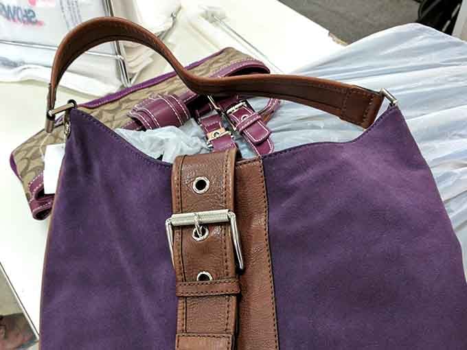 That purple and brown bag combination shows style doesn't require spending your entire paycheck on accessories.