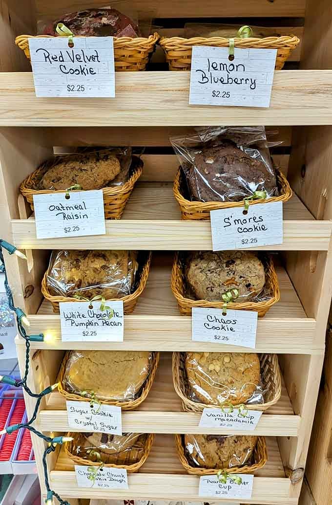 Fresh-baked cookies in flavors like s'mores and red velvet, proving Oliver's doesn't limit itself to just chocolate mastery.