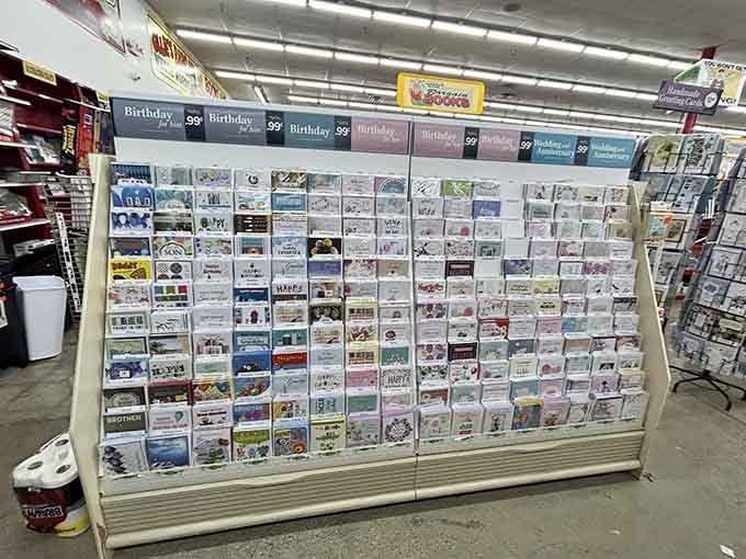 Greeting cards for every occasion line up neatly, making thoughtful gestures affordable for everyone's budget and schedule.