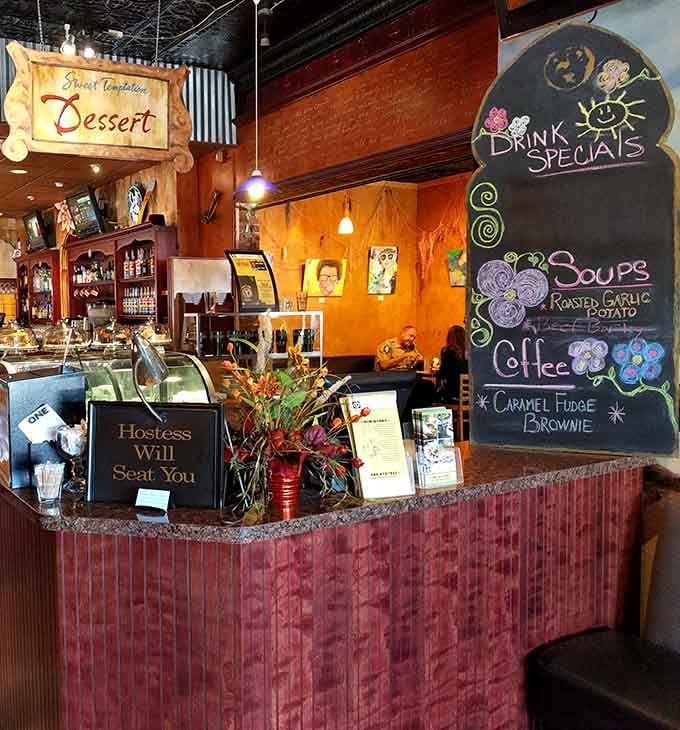 The chalkboard promises soups and coffee, but it's really advertising happiness in edible form right here.