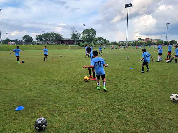 Soccer fields where kids learn teamwork, sportsmanship, and that grass stains are badges of honor.