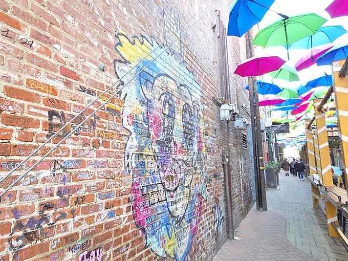 Brick walls adorned with vibrant murals complement the aerial rainbow, creating art at every eye level.