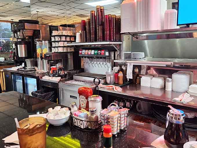 Behind the scenes, the prep station hums with activity, keeping hungry diners happy twenty-four hours daily.