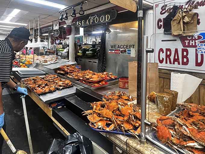Fresh Maryland crabs piled high and ready to go, because shopping works up quite the seafood appetite.