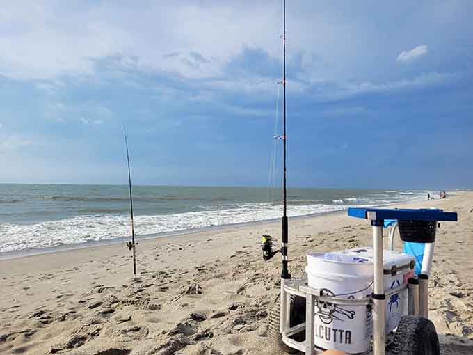 Surf fishing setup ready for the catch that matters less than the hours spent not checking your phone.