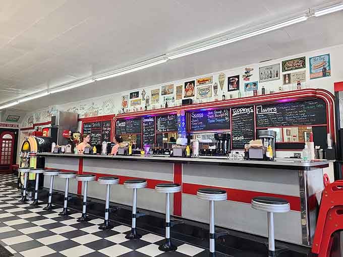 Chrome stools and a vintage jukebox create the perfect setting for contemplating life's important questions over ice cream.