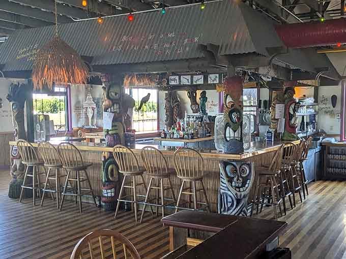 The bar area where tropical vibes meet Lake Erie charm, and somehow it works perfectly.