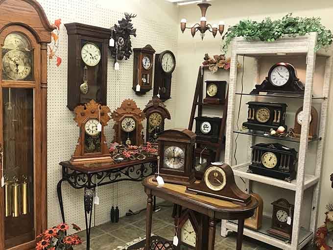 Antique clocks covering every surface, though ironically you'll lose track of time browsing through this incredible collection.