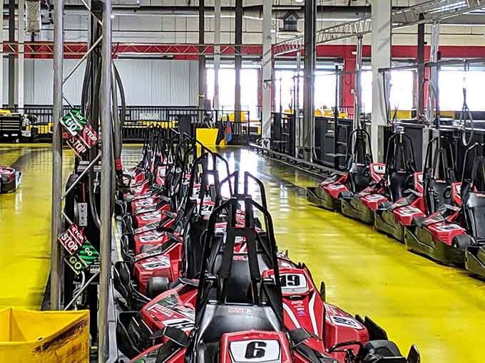 Rows of electric karts waiting like racehorses at the gate, each one ready to make you feel like a professional driver.