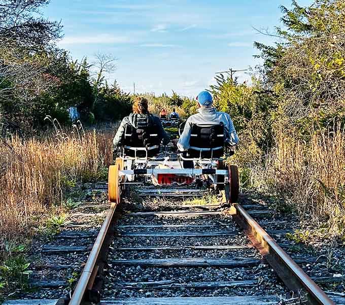 Golden hour transforms ordinary rail biking into something straight out of a travel magazine spread.