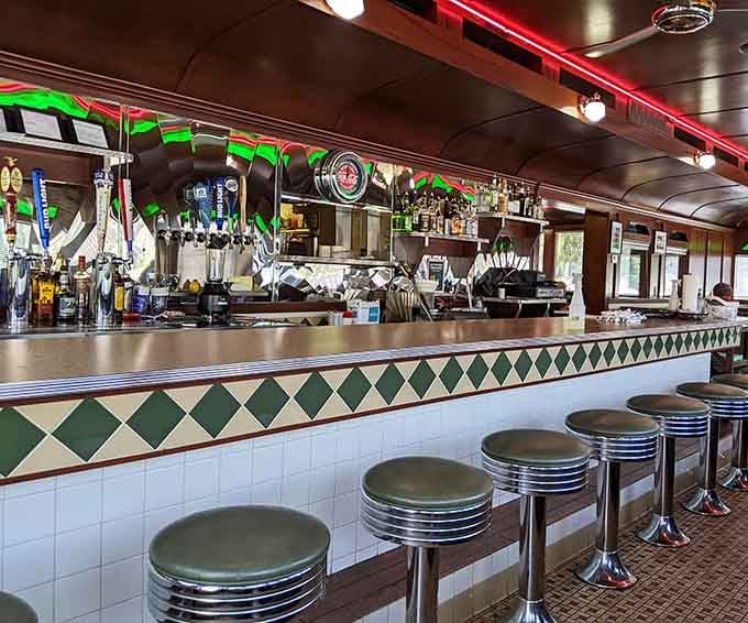 The classic diner counter with its chrome stools and diamond tile trim remains the best seat in any house.