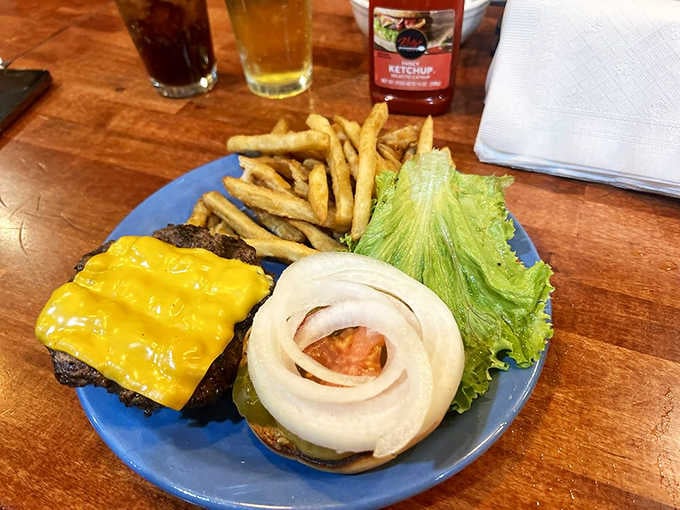 This cheeseburger comes with fries and looks like it means serious business about satisfying your hunger completely today.