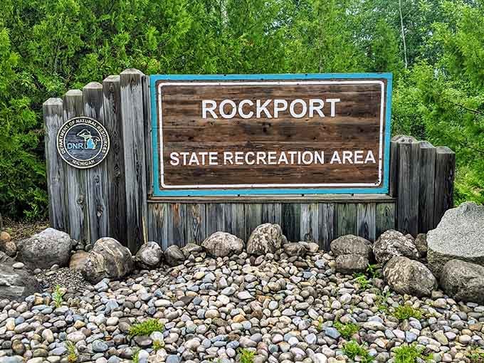 This welcoming sign marks the entrance to your next favorite Michigan adventure, where geology meets pure natural beauty.