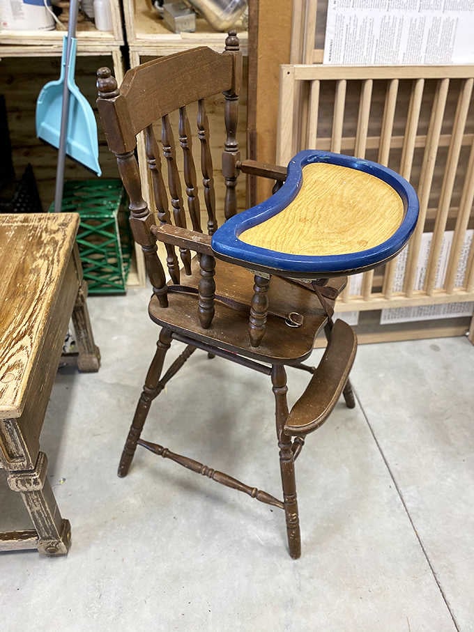 This vintage high chair has seen more mealtime messes than most restaurants, now sporting a cheerful makeover.
