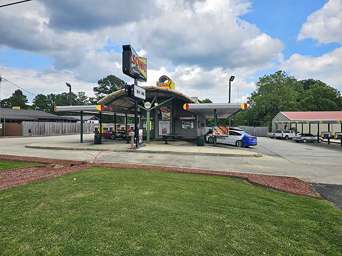 Sonic's classic drive-in setup where you can still eat in your car without judgment or shame.