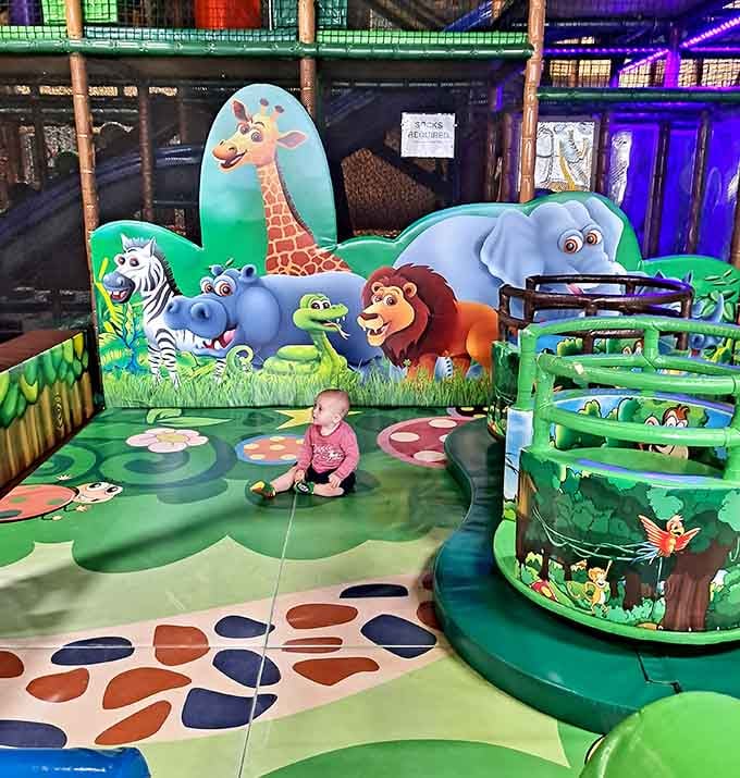 Safari animals painted on soft play surfaces create a jungle where the only danger is exhaustion from too much fun.