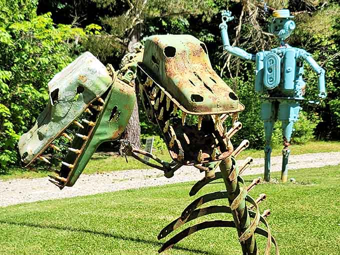 A dinosaur made from tractor parts proves that extinction is just a state of mind.