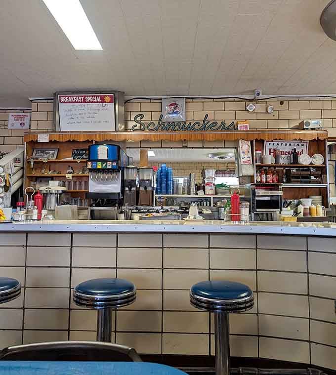 Classic diner counter with blue stools where strangers become friends over refills and good conversation about nothing important.