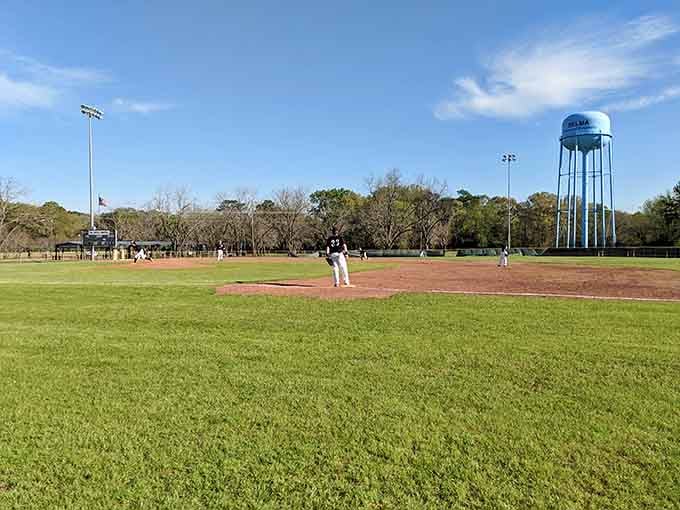 Baseball fields with that perfect green grass where kids still play outside instead of staring at screens.
