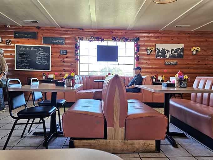 Comfortable booths and wood accents create the perfect setting for lingering over a meal with good company.