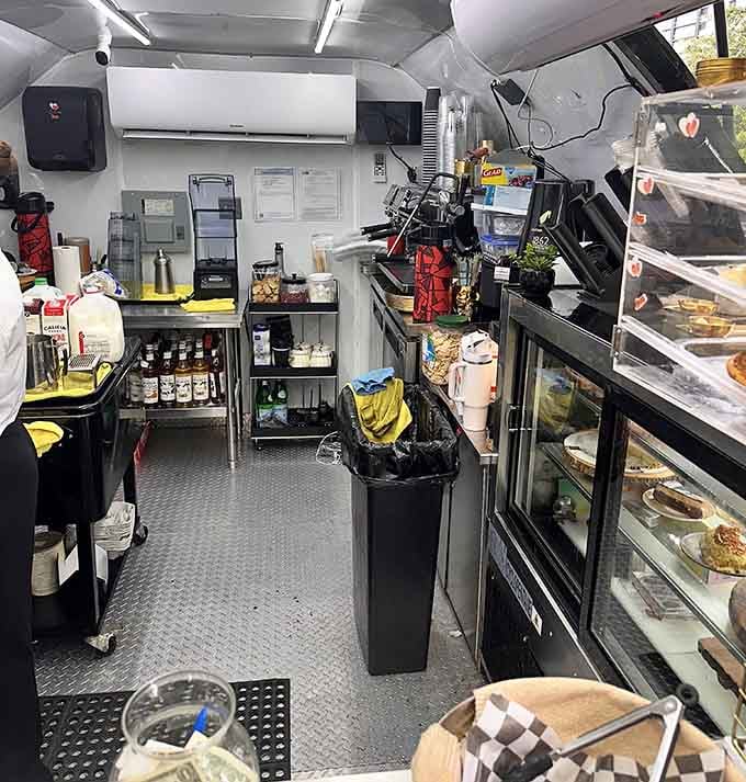 The galley's been transformed into a proper caf&eacute; kitchen, complete with espresso machines instead of tiny liquor bottles.