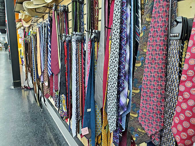 Neckties hanging like a rainbow of professional possibilities, each pattern telling a different boardroom story from decades past.
