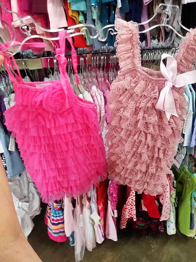 Fancy dresses hang ready for special occasions where spills are inevitable but at least the price tag won't haunt you.