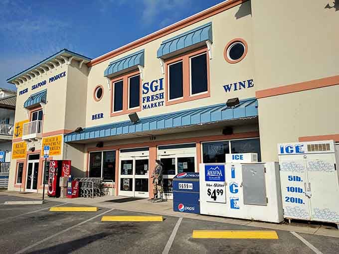 The local market stocks everything you need, from fresh seafood to ice for your cooler.