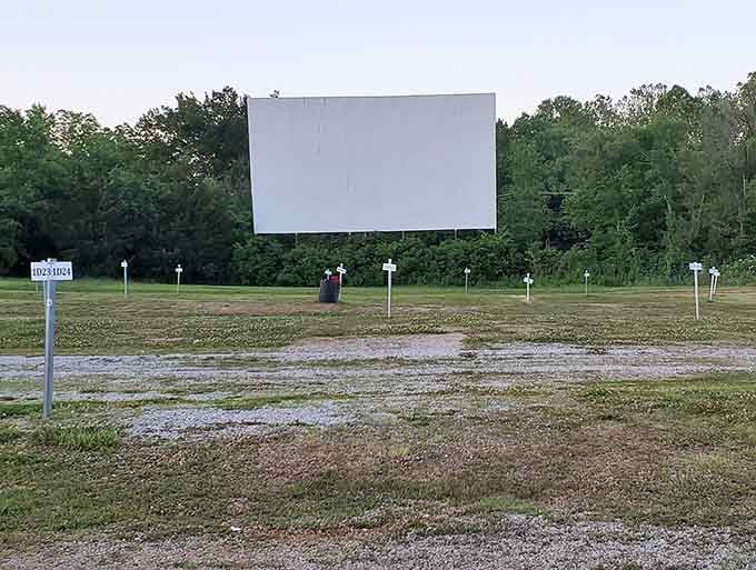 The pristine white screen stands ready against the trees, a beacon of entertainment in rural Missouri countryside.