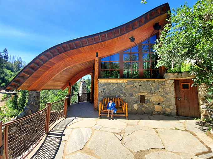 The covered pavilion offers shelter and seating, proving that rustic doesn't have to mean uncomfortable or completely exposed.