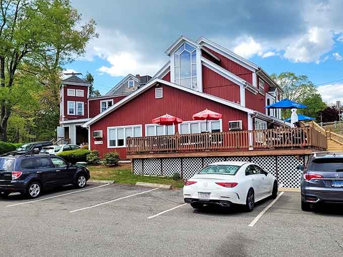 The red barn exterior promises hearty meals and the kind of atmosphere where calories don't count.