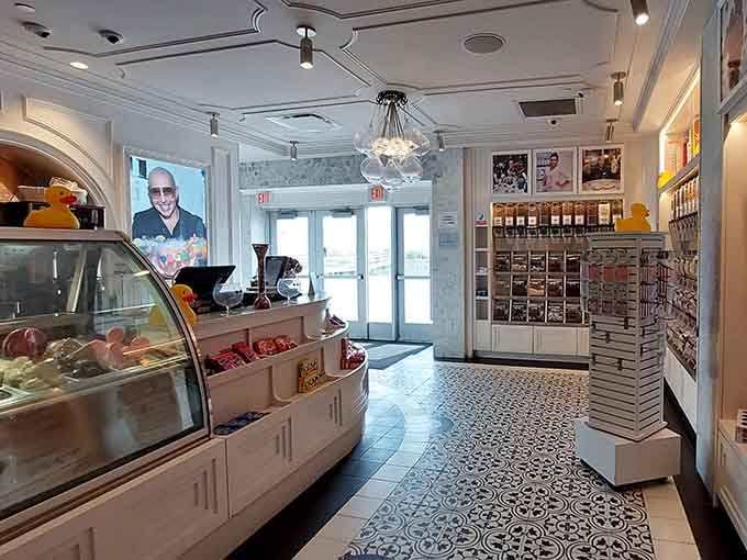 The entrance area gleams with promise, displaying treats behind glass like edible museum exhibits you're encouraged to actually touch.