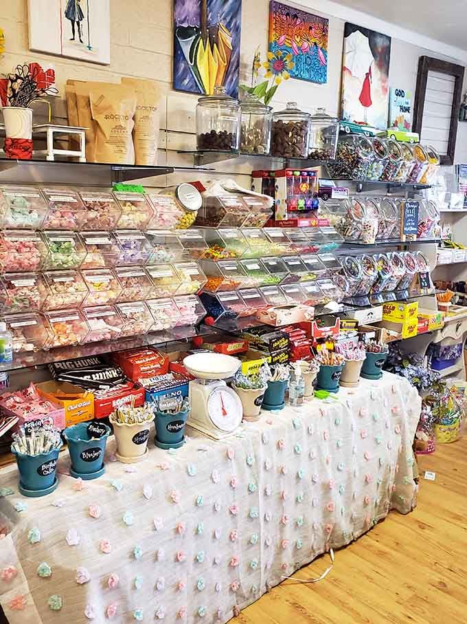 The candy counter looks like Willy Wonka decided to open a boutique location in the Arizona mountains.