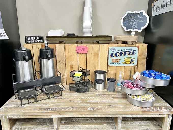Coffee station standing ready to provide the perfect companion for whatever sweet treat you're about to devour shamelessly.