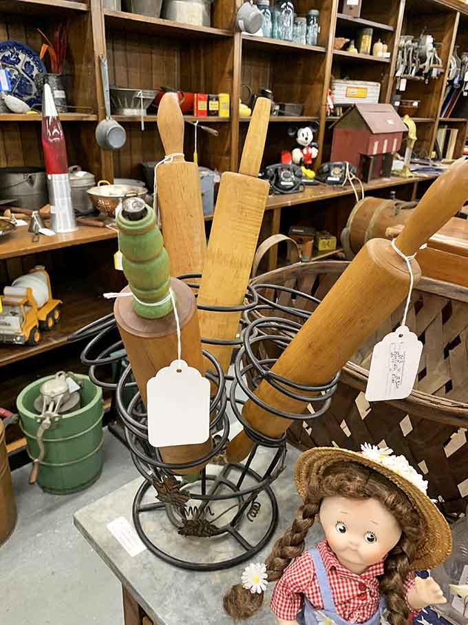 Wooden rolling pins that shaped countless pies and cookies, each one smoother than your grandmother remembered.