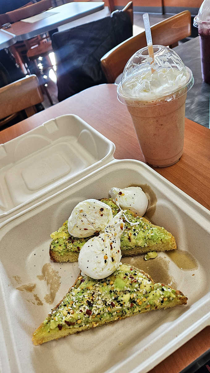 Avocado toast elevated with poached eggs and everything seasoning, trendy food that actually lives up to the hype completely.