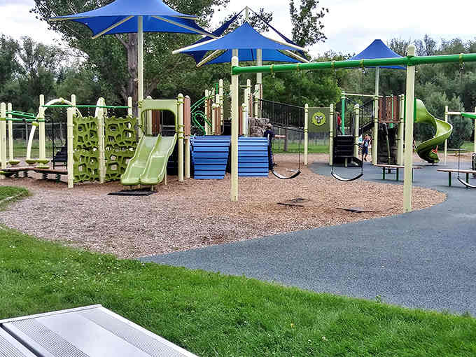 The playground ensures kids can burn off energy before and after their barnyard adventures next door.