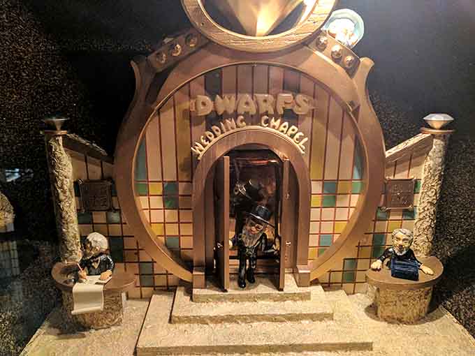 Even the dwarves get their own wedding chapel here, because apparently everything deserves its own miniature version.