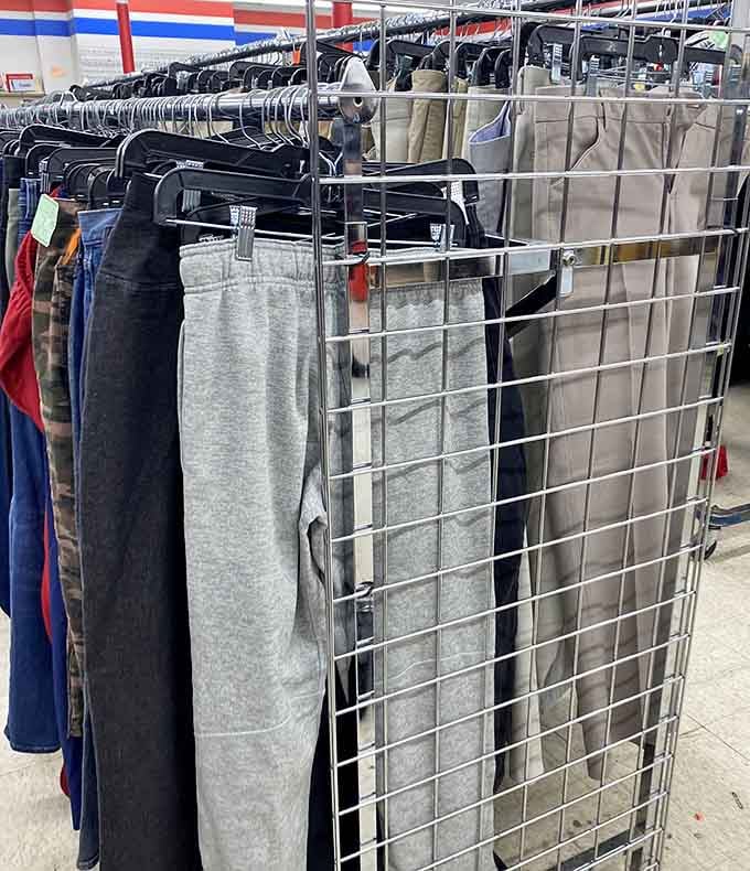 Pants organized by color make finding your size feel less like archaeology and more like actual shopping.