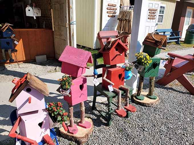 Handcrafted birdhouses in every color remind you that even birds deserve better real estate than your current apartment.