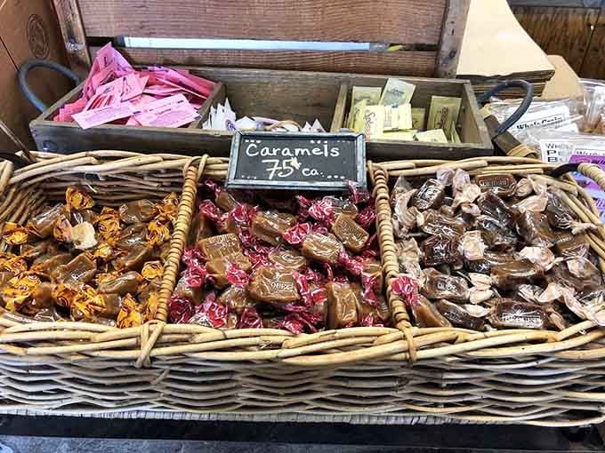 Handmade caramels displayed in rustic baskets, tempting you with sweetness that doesn't come from a factory wrapper.
