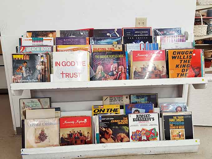 The Beach Boys and Johnny Mathis share shelf space, a vinyl time capsule from when music came in cardboard.