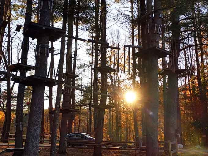 Sunset transforms the adventure park into something straight out of a storybook, minus the dragons.