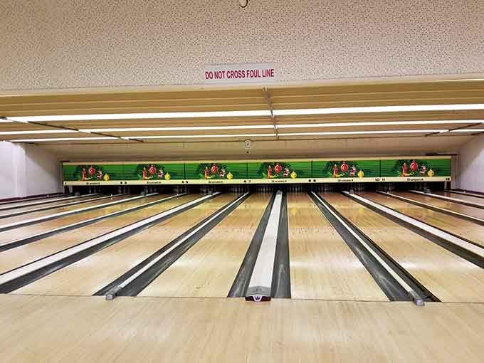 Vintage bowling lanes wait for your next strike, complete with that satisfying crash we all remember.
