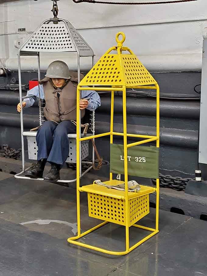 Naval rescue equipment that plucked sailors from dangerous waters now sits safely behind yellow caution tape, thankfully.