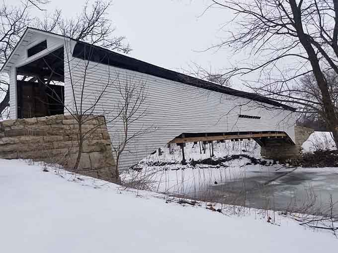 Winter transforms the bridge into a Currier and Ives print, minus the horse-drawn sleighs but equally charming.